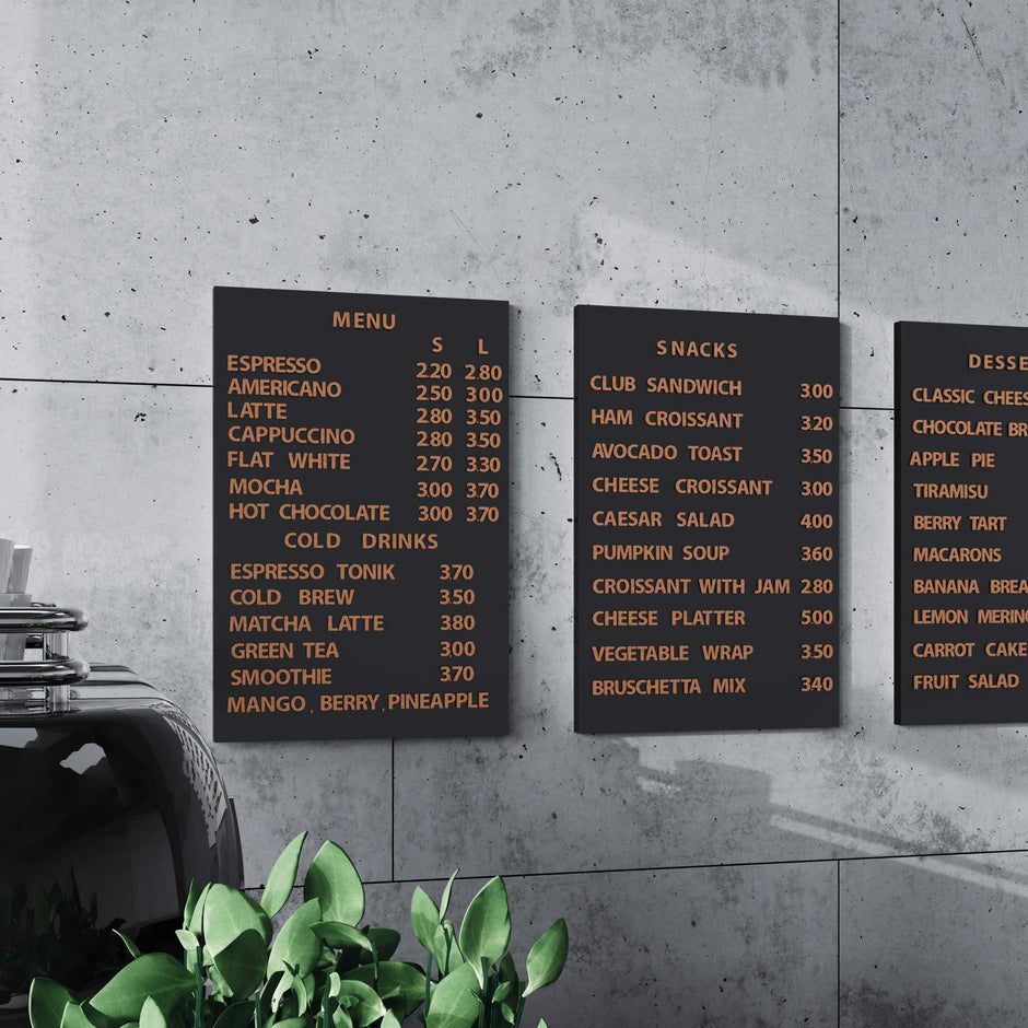 Sets of Wall Menus for coffee shops, bakeries, bars and shops.